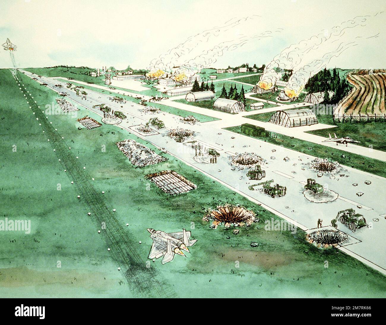 Artist's concept of a runway area after an attack from enemy aircraft ...
