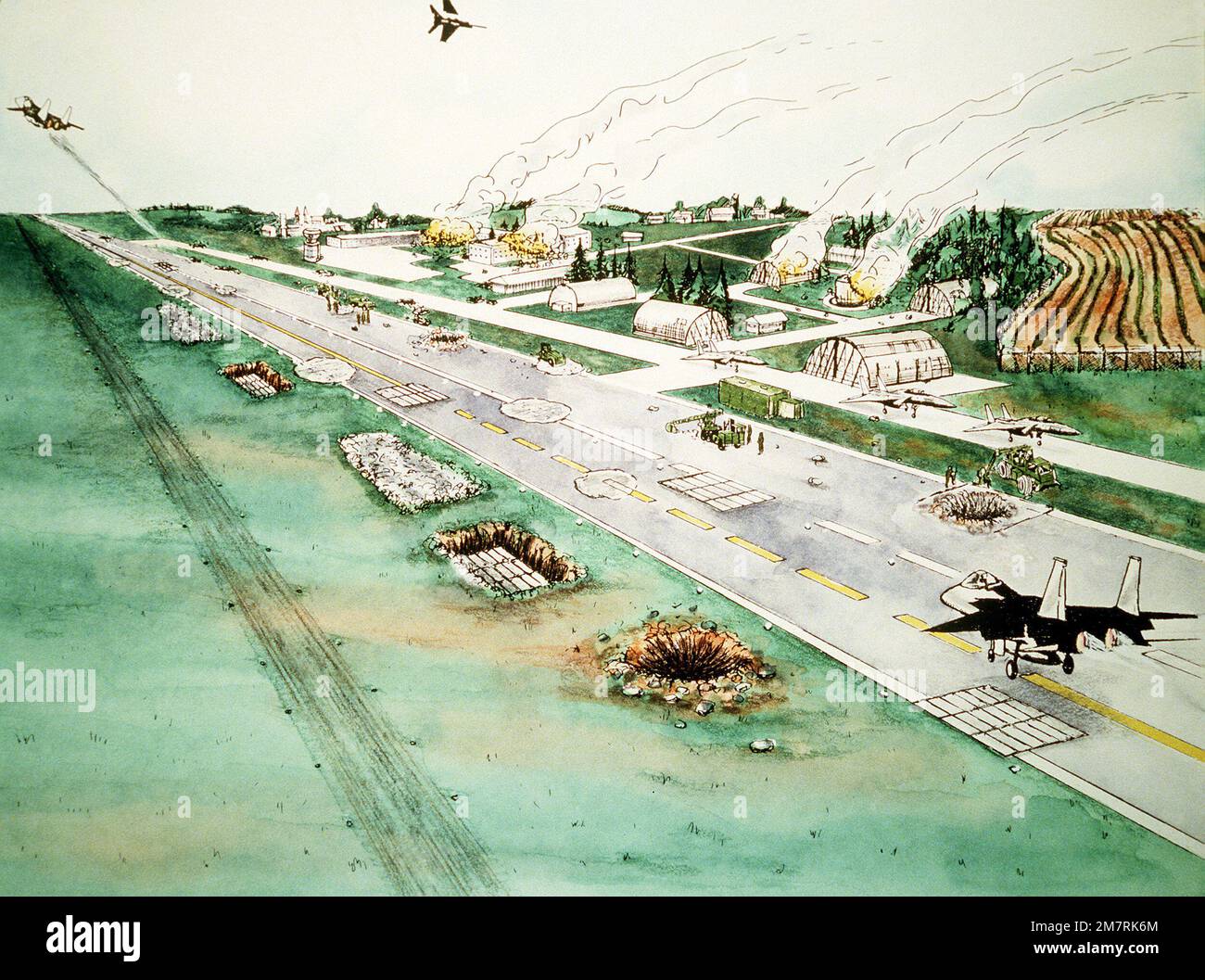 Artist's concept of a runway area under fire from enemy aircraft. The ...