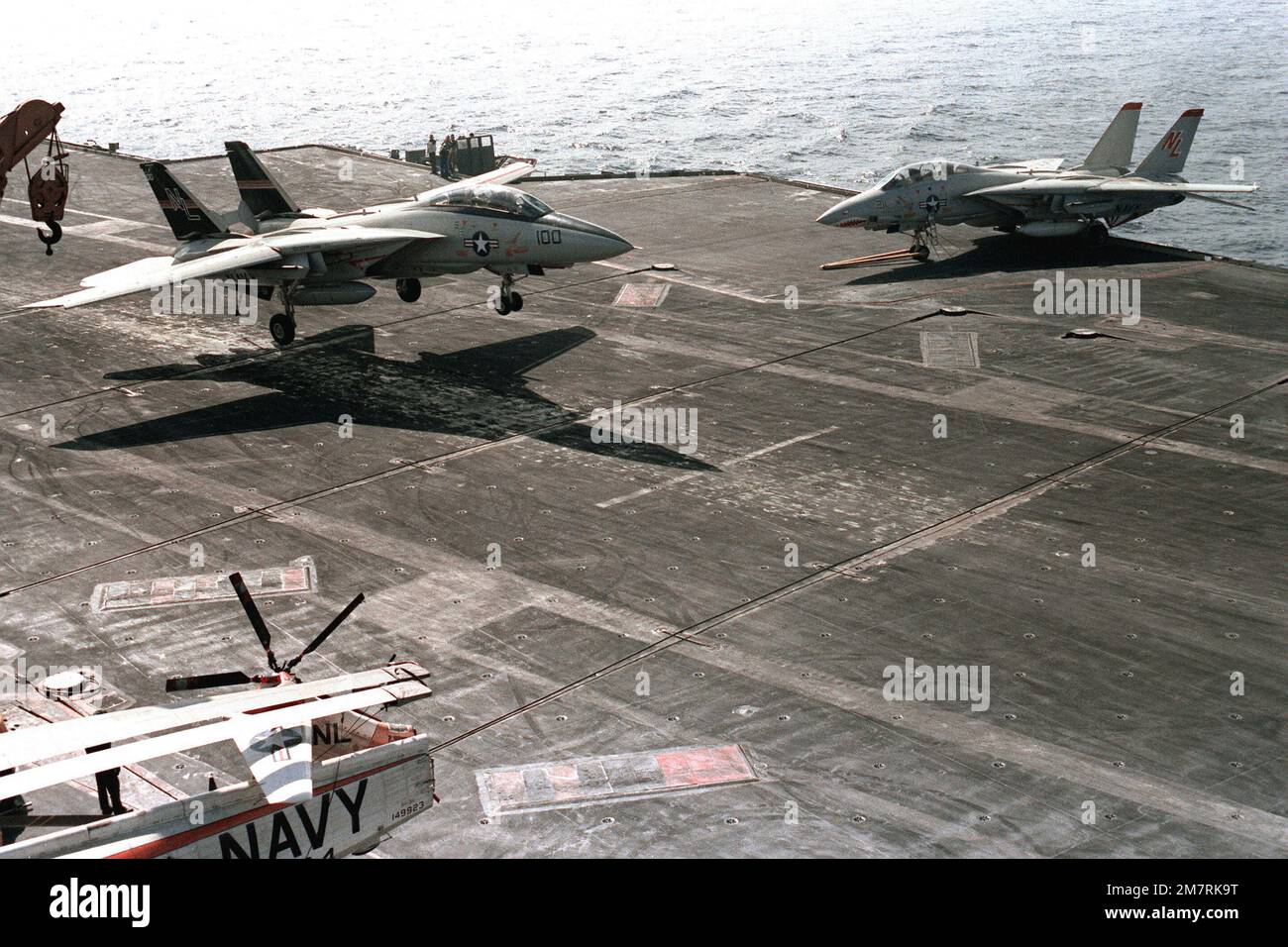 An overhead right front view of an F-14A Tomcat from Fighter Squadron ...