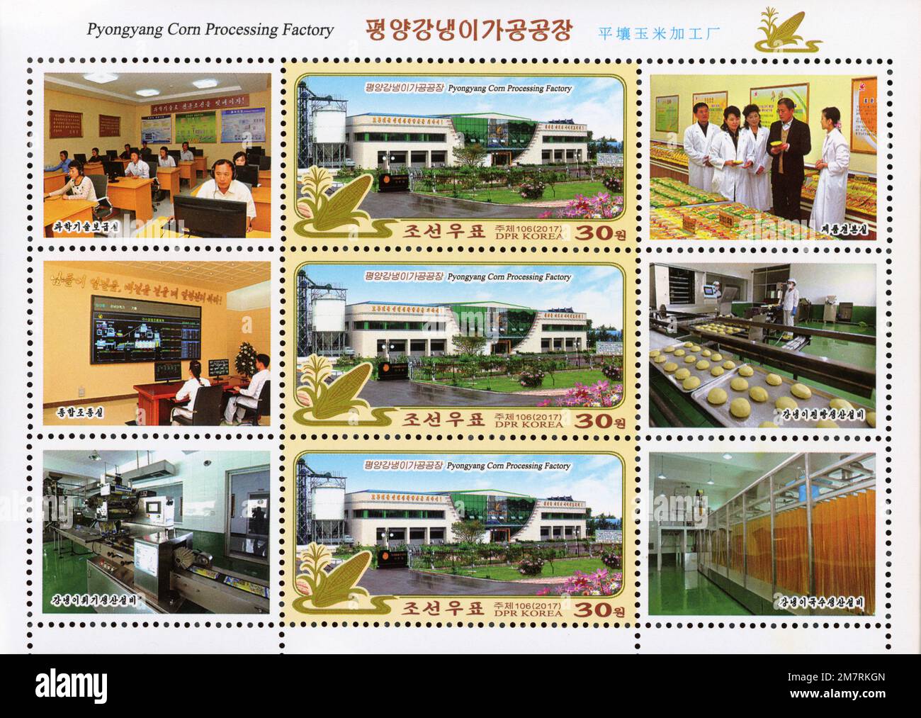 Sheet of 2017 North Korean postage stamps featuring the Pyongyang Corn ...