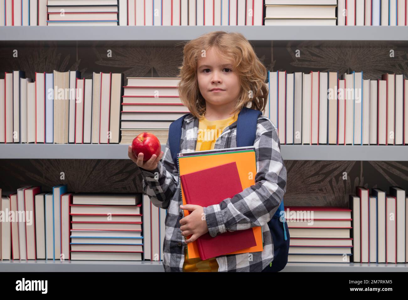 School boy with books and apple in library. Child from elementary ...