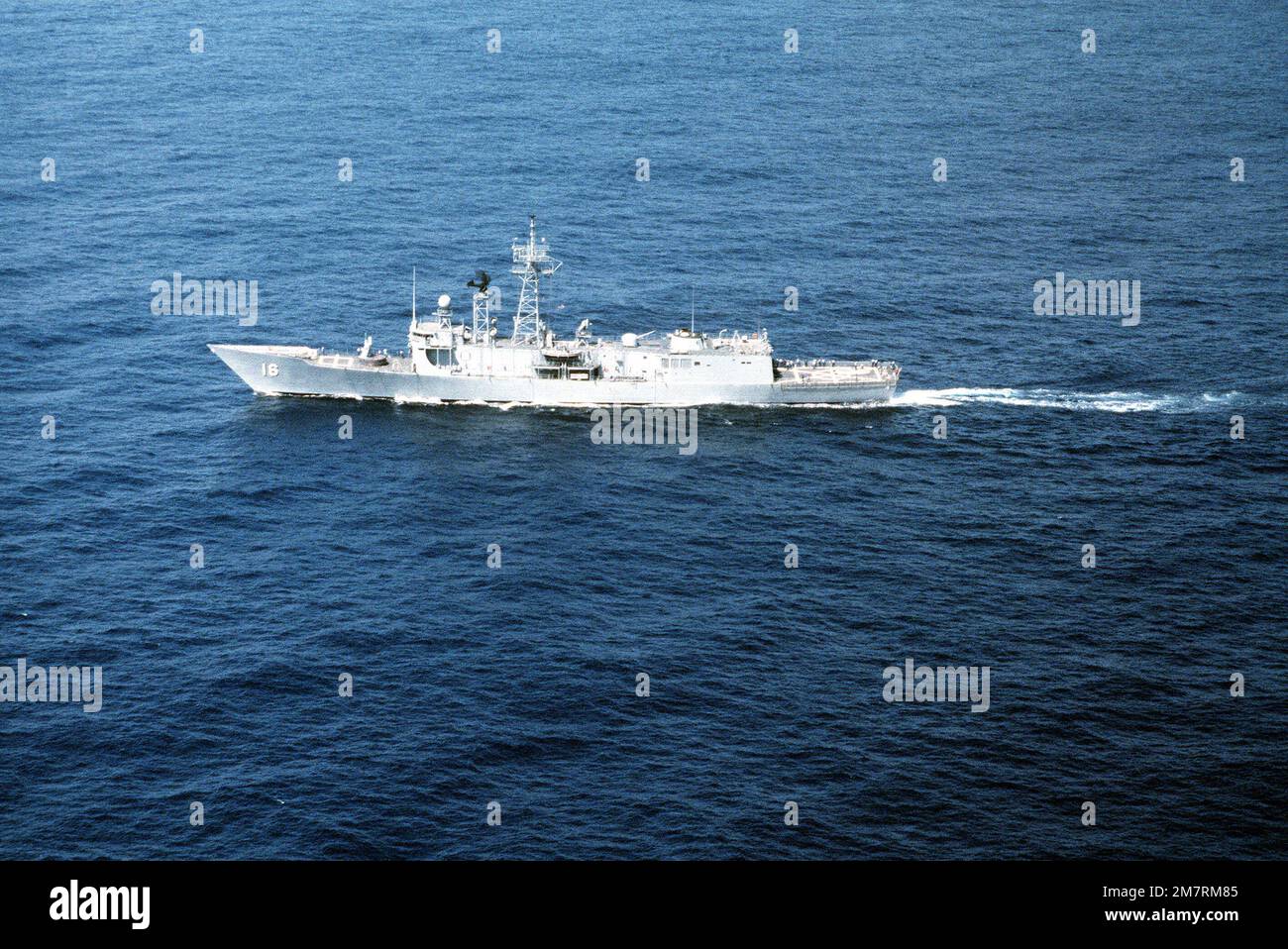 Aerial port beam view of the guided missile frigate USS CLIFTON SPRAGUE ...