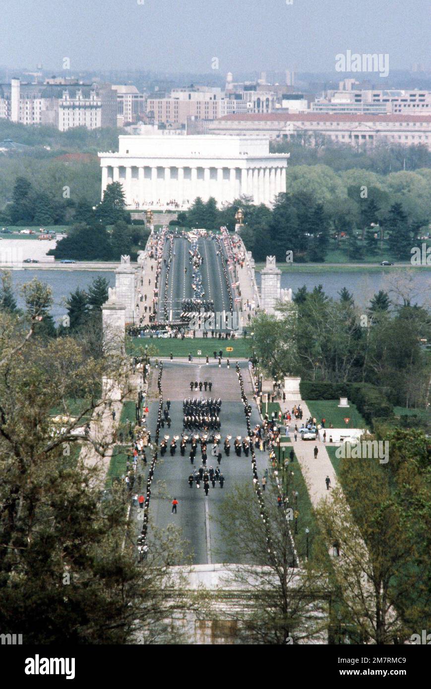 Aerial view of GEN Omar Bradley's funeral procession across the ...