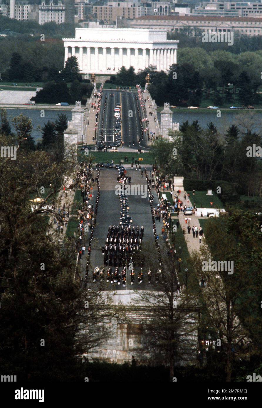 Aerial view of GEN Omar Bradley's funeral procession across the ...