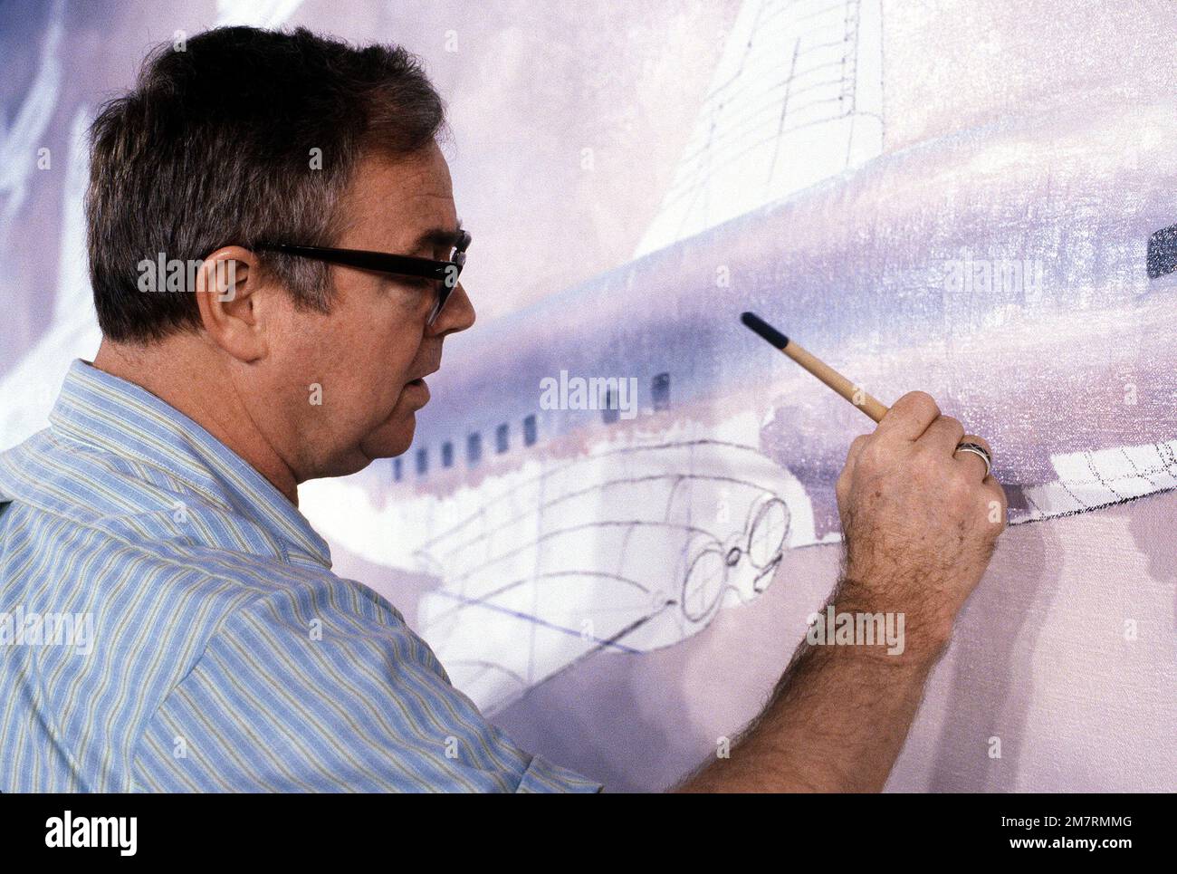 Keith Ferris, an aviation artist, paints a mural picture of in-flight ...