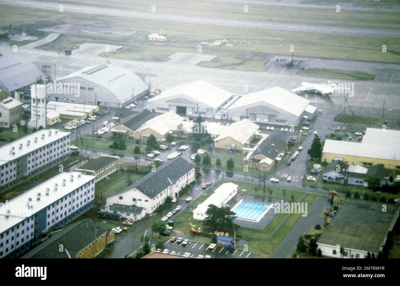An aerial view of the new three-story enlisted dormitories (left ...