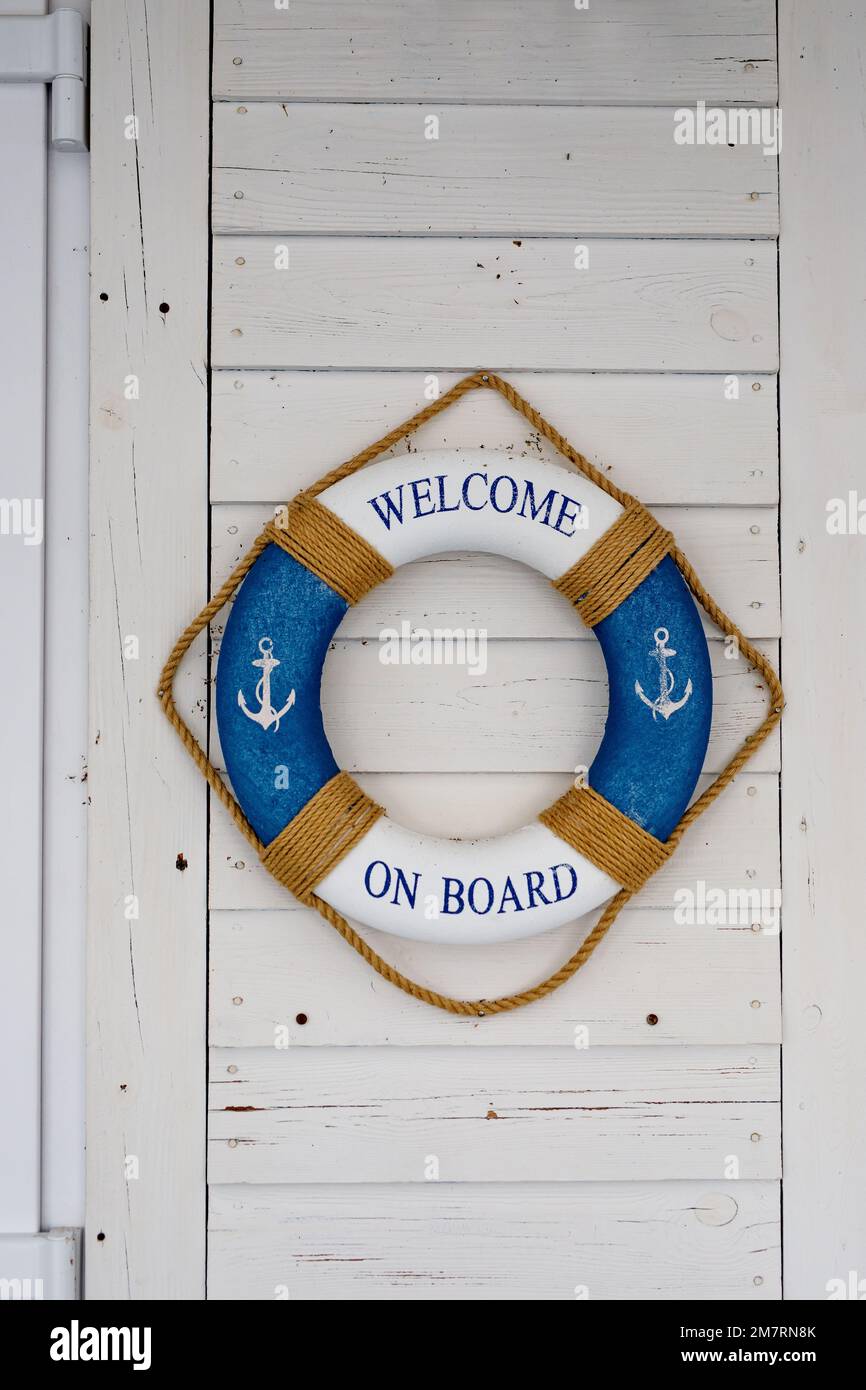 A blue lifebuoy - lifeline on the wall of the ship's cabin Stock Photo ...