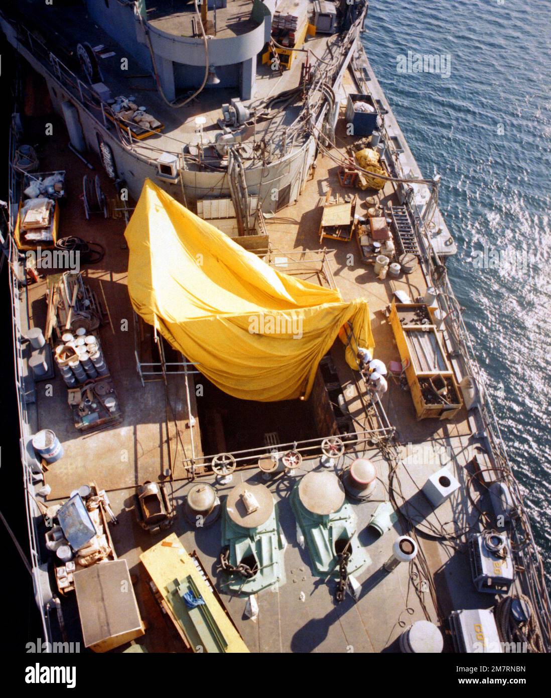 A vertical view of the forward deck of the guided missile ship USS ...