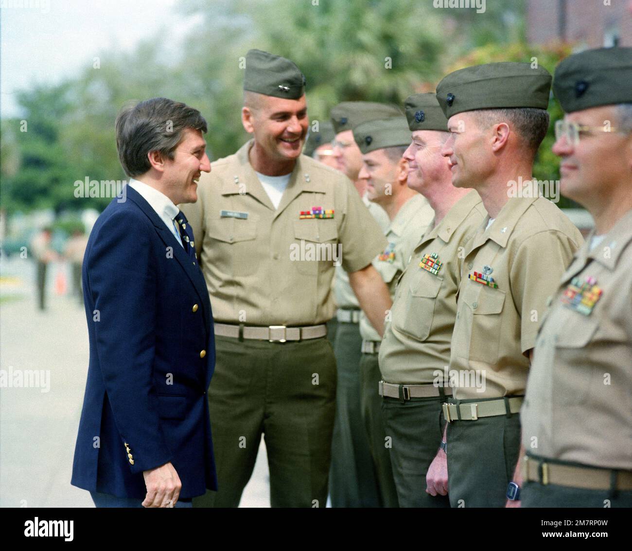 Secretary of the Navy John F. Lehman Jr., and MGEN Robert E. Haebel ...
