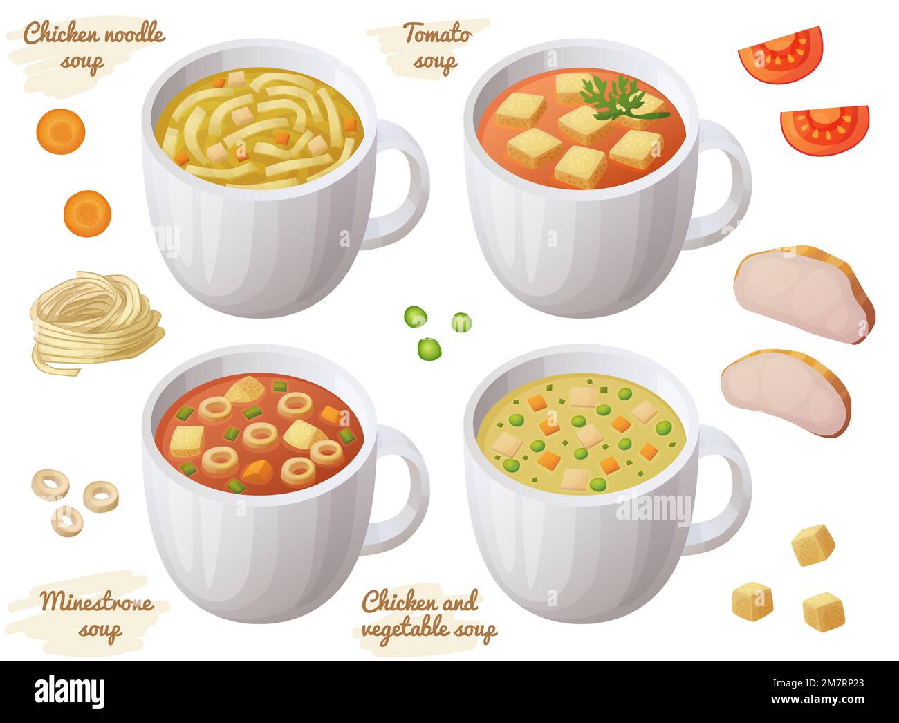 Collection of 4 soups in a cup vector icons isolated on white backround ...