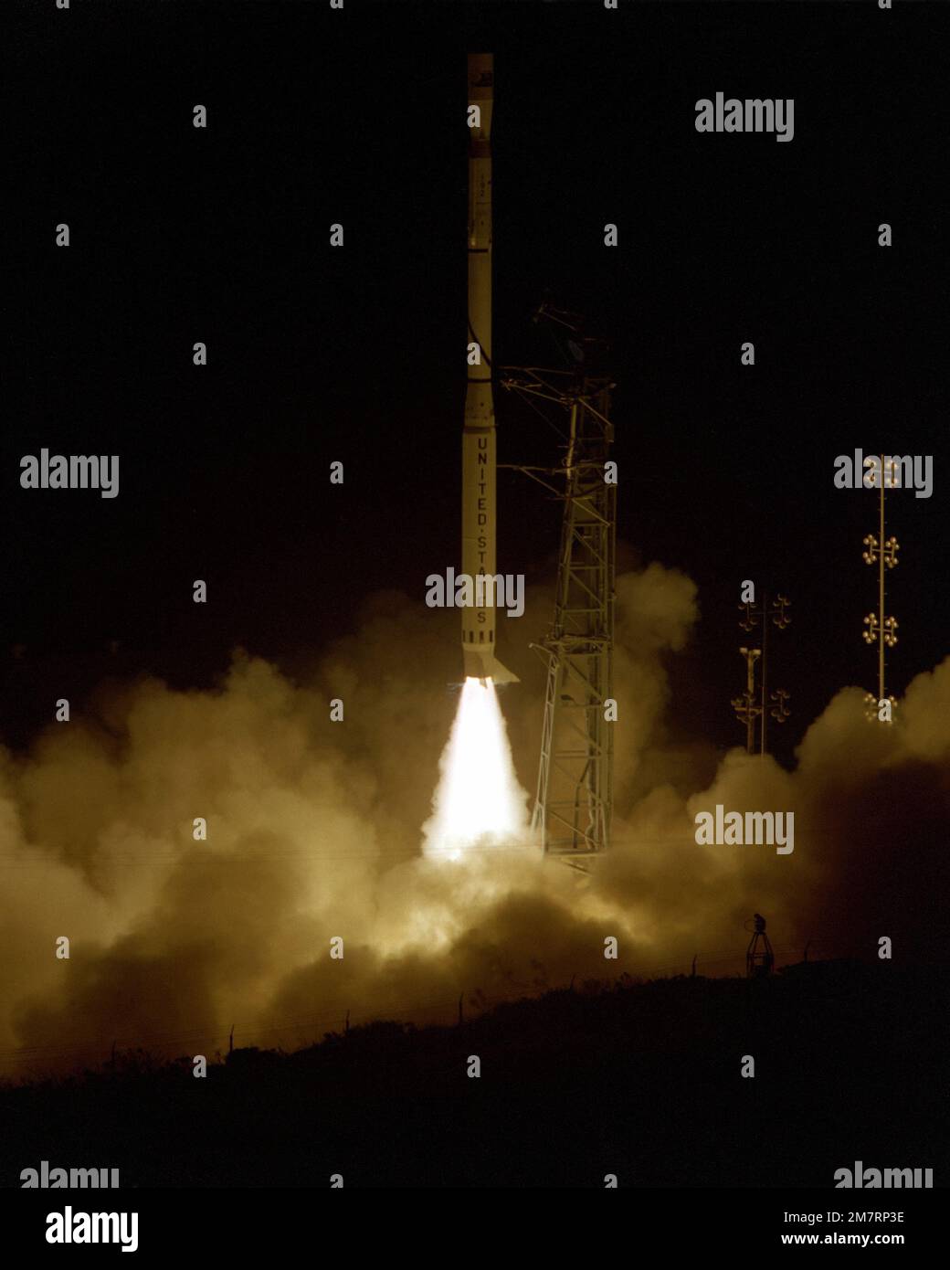 Night view of a Scout missile during launch. Base: Vandenberg Air Force ...