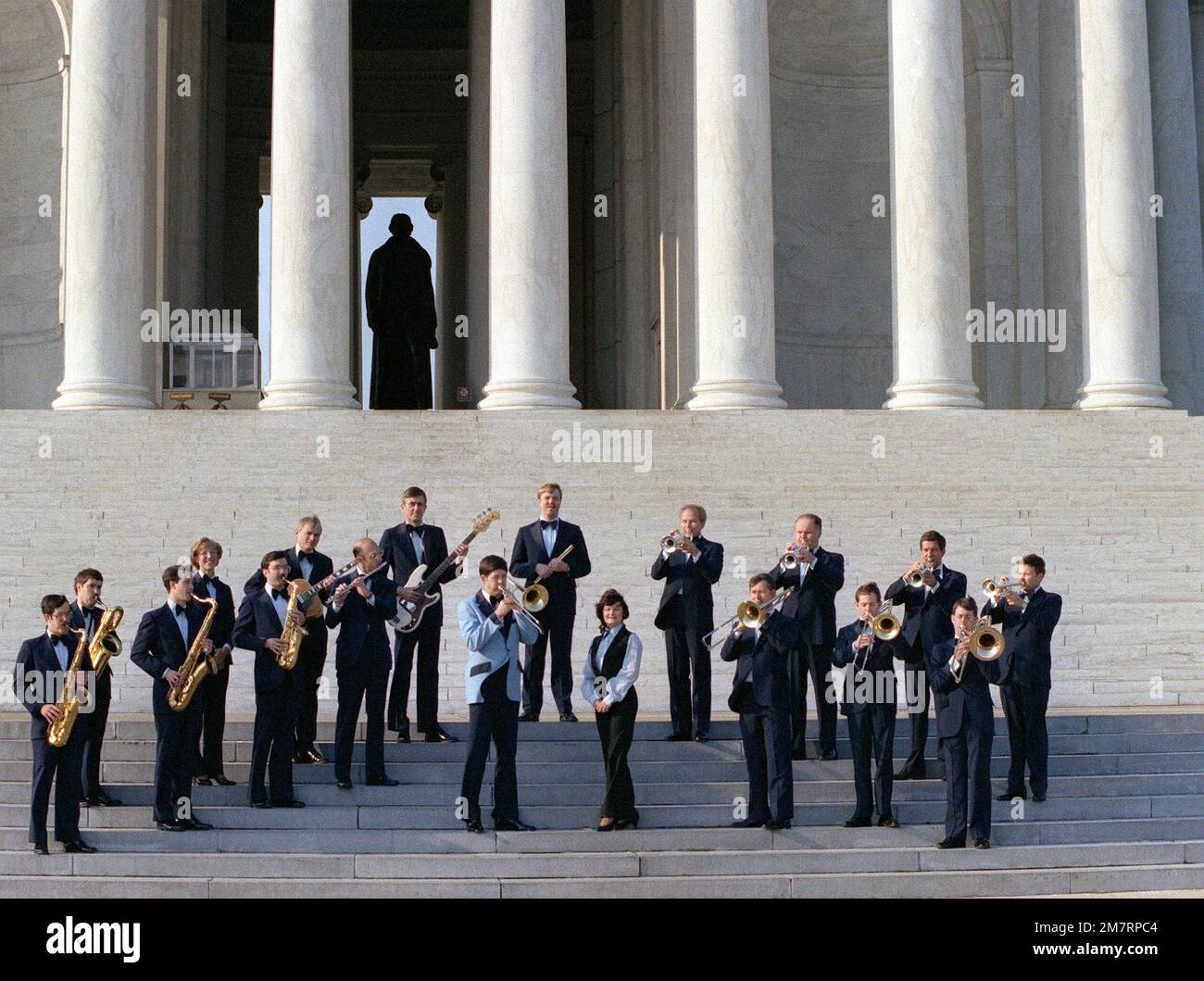 The U.S. Air Force band, Airmen of Note, is photographed on the steps ...