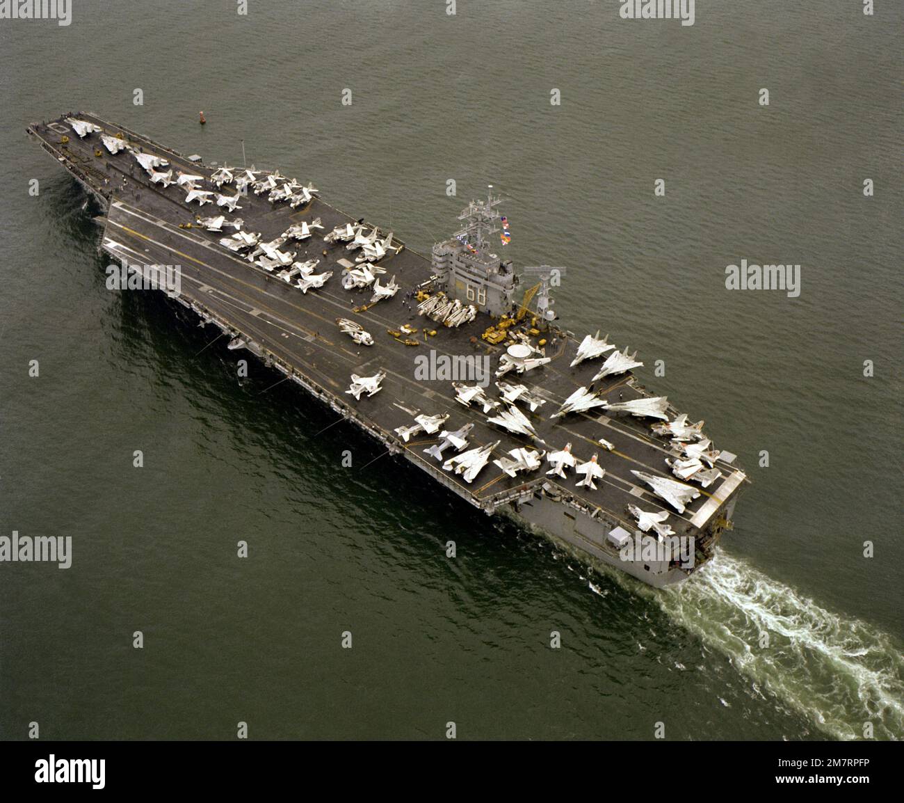 High angle port quarter view of the nuclear-powered aircraft carrier ...