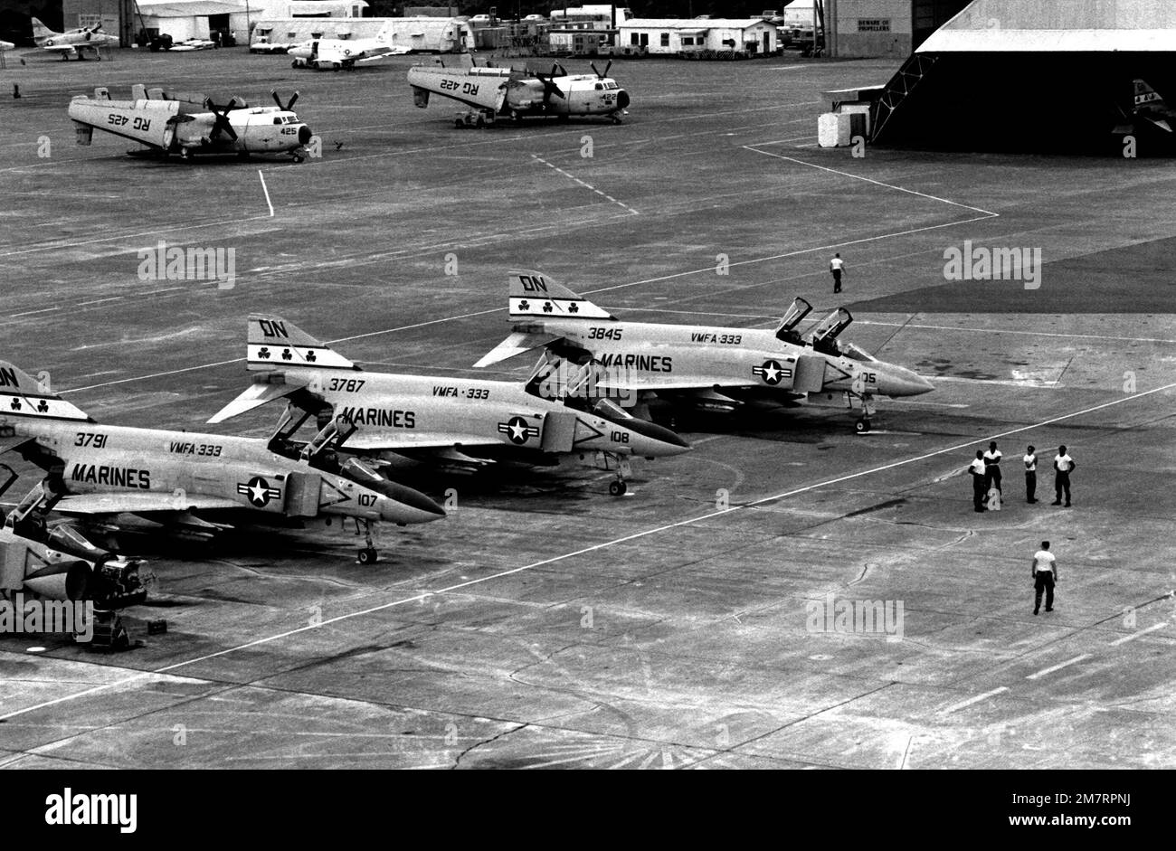 Aerial view of three F-4 Phantom aircraft from Marine Fighter Attack ...