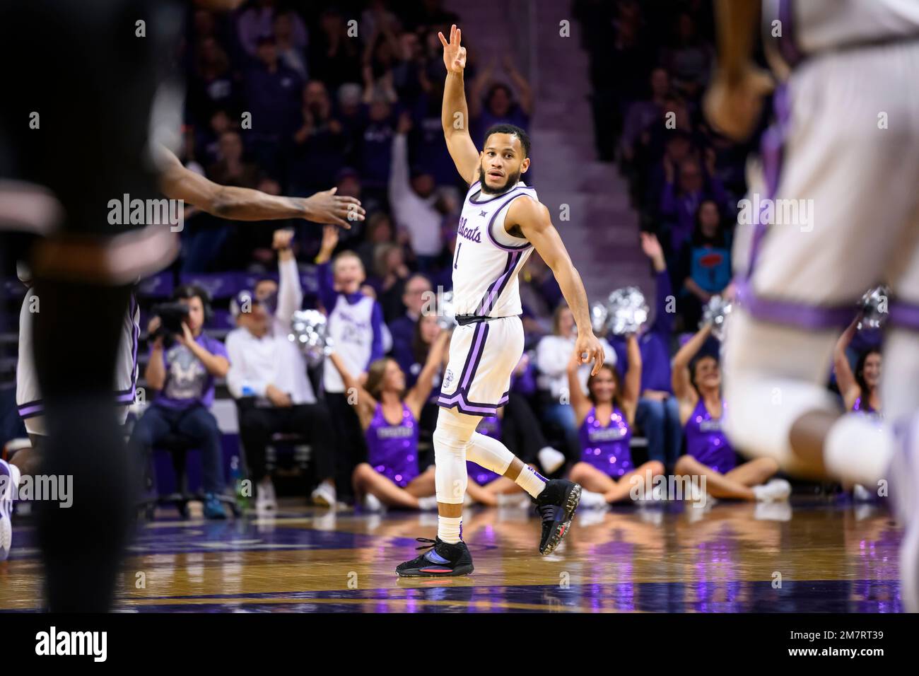 Kansas State guard Markquis Nowell (1) celebrates a three-point basket ...