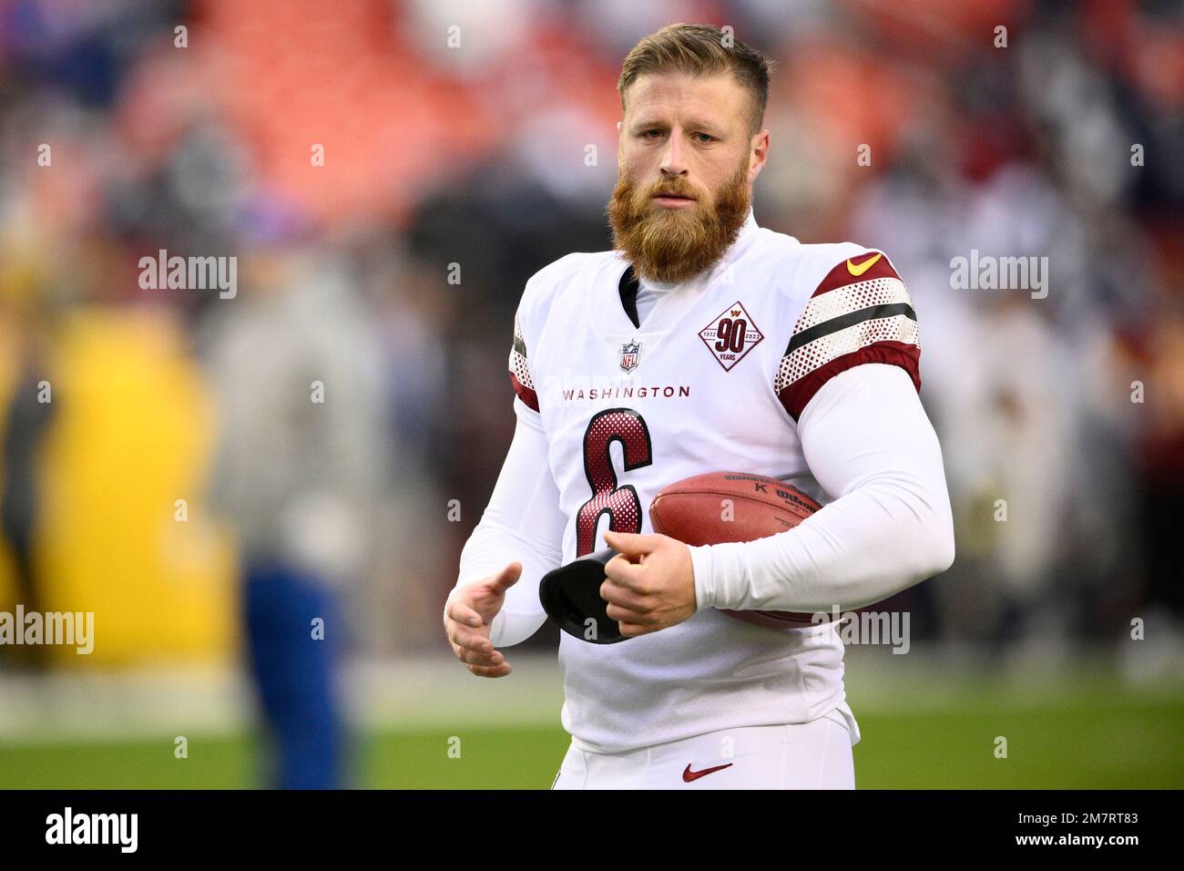 Washington Commanders place kicker Joey Slye (6) warms up before an NFL ...