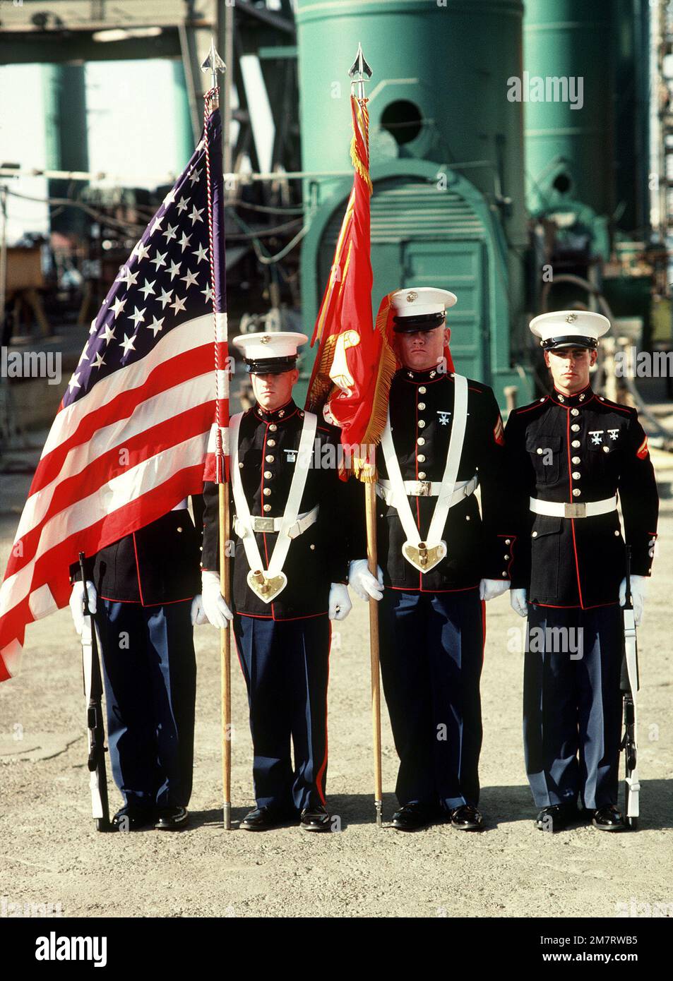 The Marine Corps color guard participates in christening and launching ...