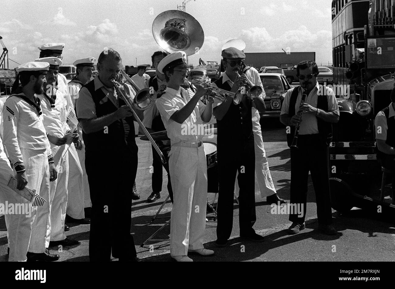 A West German band performs for the German naval ships arriving to ...