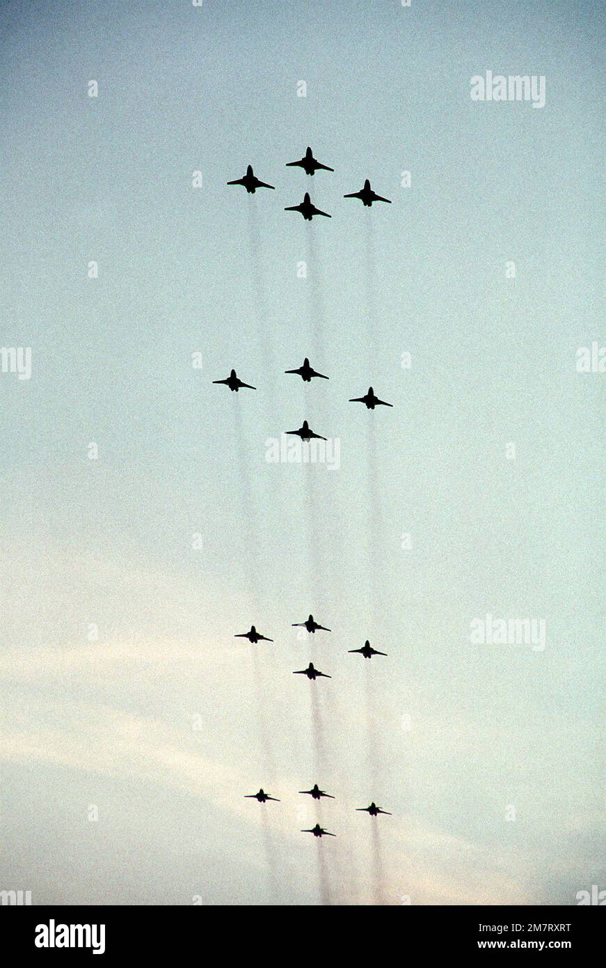 Four diamond formations of F-101 Voodoo aircraft fly over the Niagara ...