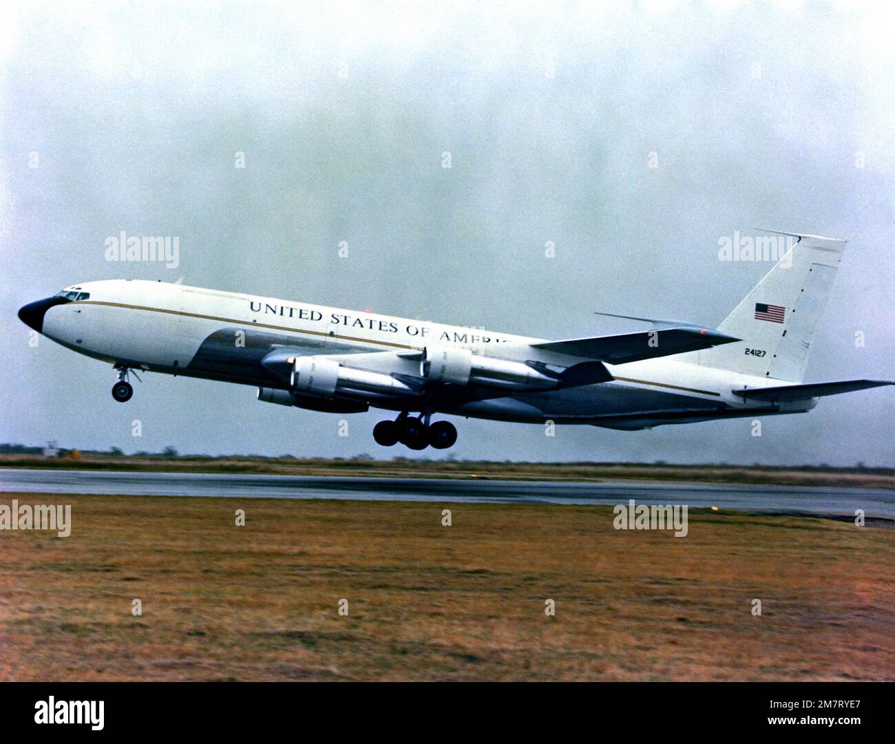 A left side view of a VC-135B Stratoliner aircraft taking off. Country ...