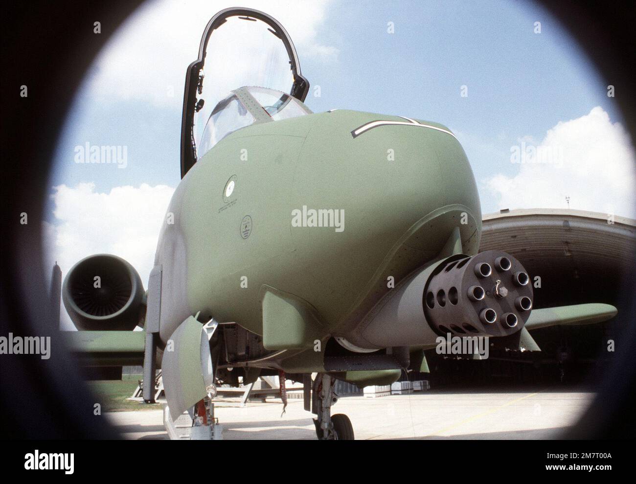 A close-up front view of an A-10 Thunderbolt II aircraft with a GAU-8A ...