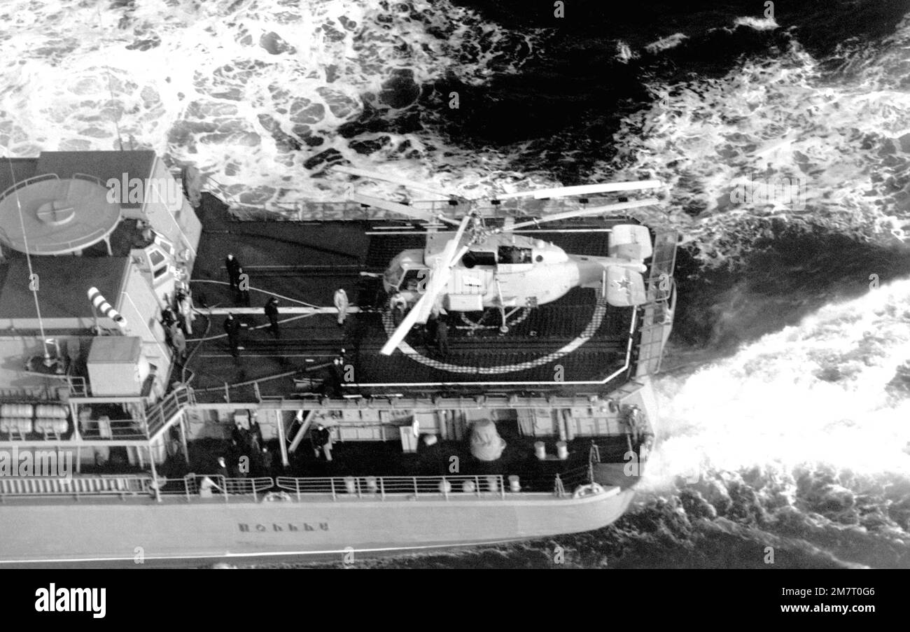 A high angle view of a Soviet Helix helicopter on the helicopter pad of ...
