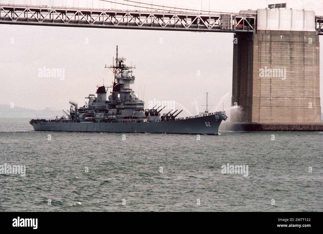 A starboard bow view of the battleship USS NEW JERSEY (BB 62). Base ...