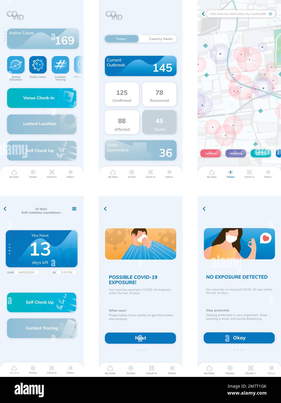 COVID-19 tracking application template vector mobile screen Stock ...