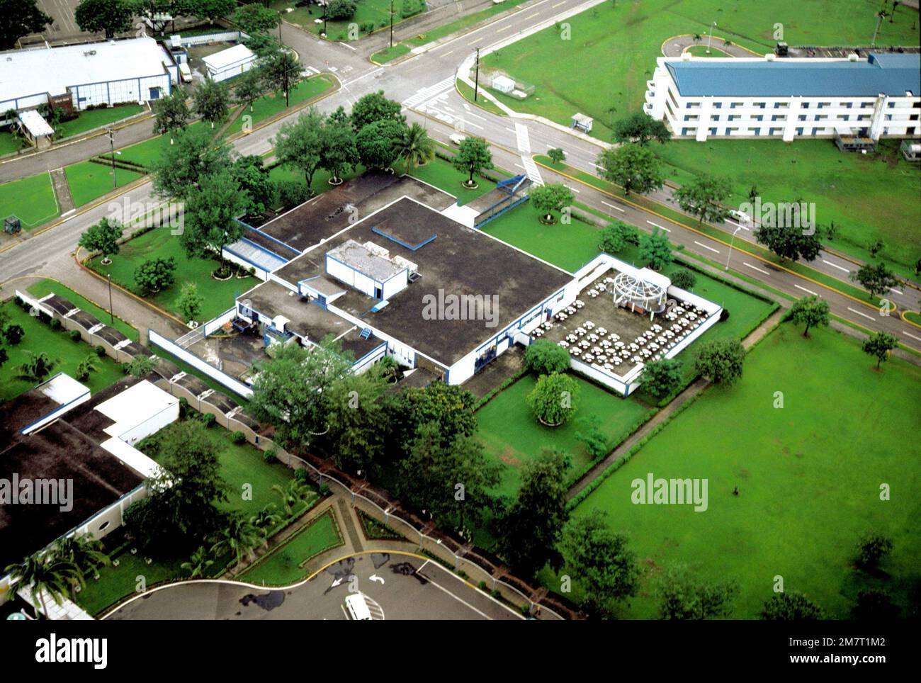 An aerial view of the enlisted men's dining facility, center, and the ...