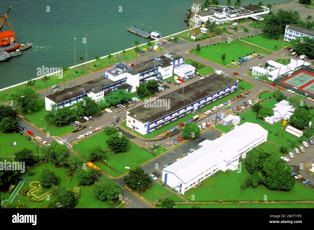 An aerial view of the buildings near the water. Base: Naval Station ...
