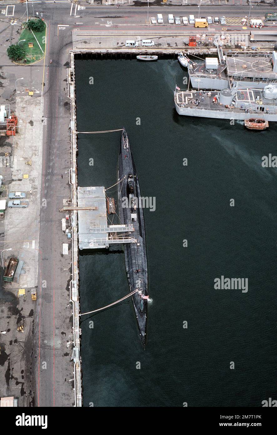 A high angle view of the attack submarine USS DARTER (SS-576), the ...