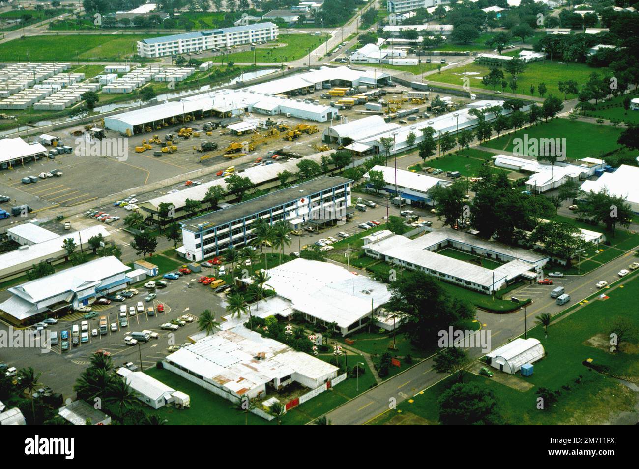 An aerial view of the dispensary with the motor pool and a trailer park ...