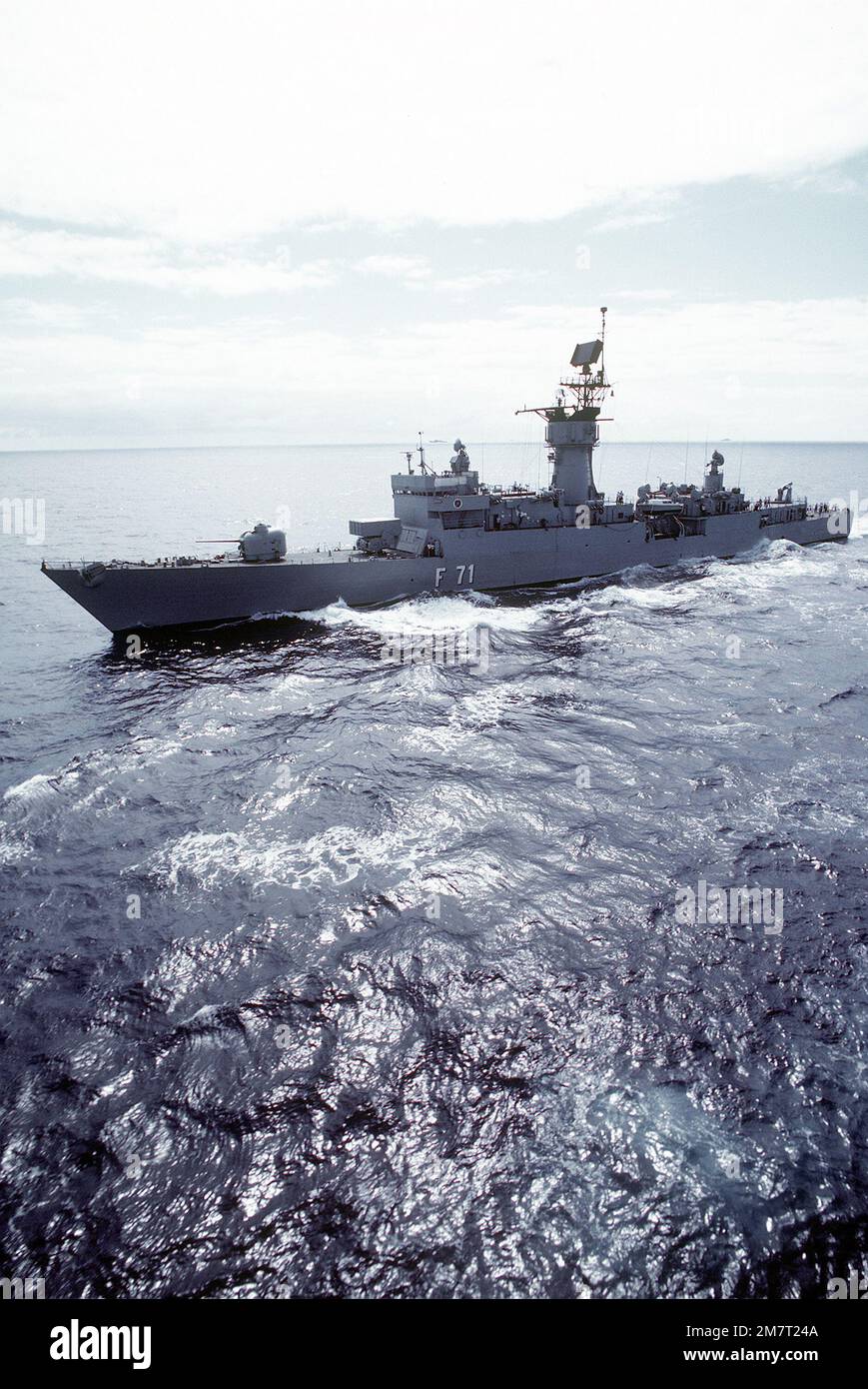 A port bow view of the Spanish frigate BELEARES (F-71) underway during ...
