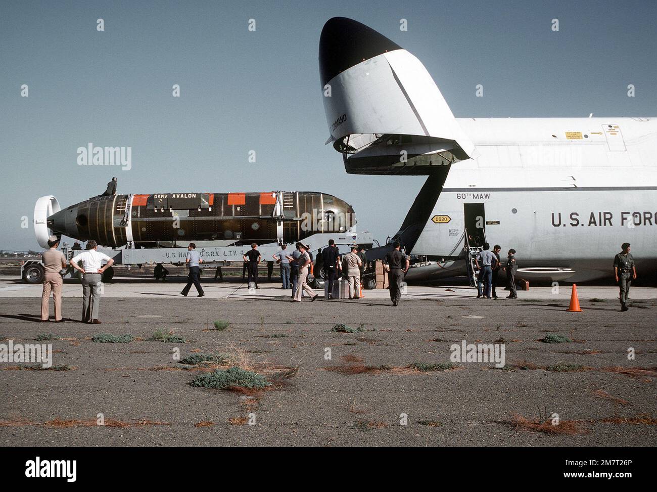 A starboard beam view of the deep submergence rescue vehicle AVALON (DSRV-2) on a trailer. The ...