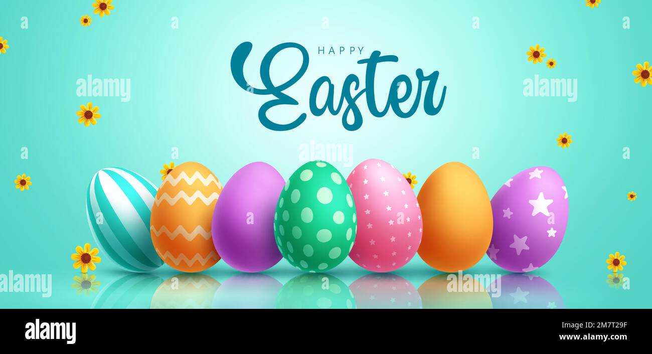 Happy easter text vector design. Easter greeting card with colorful and pattern eggs for spring ...