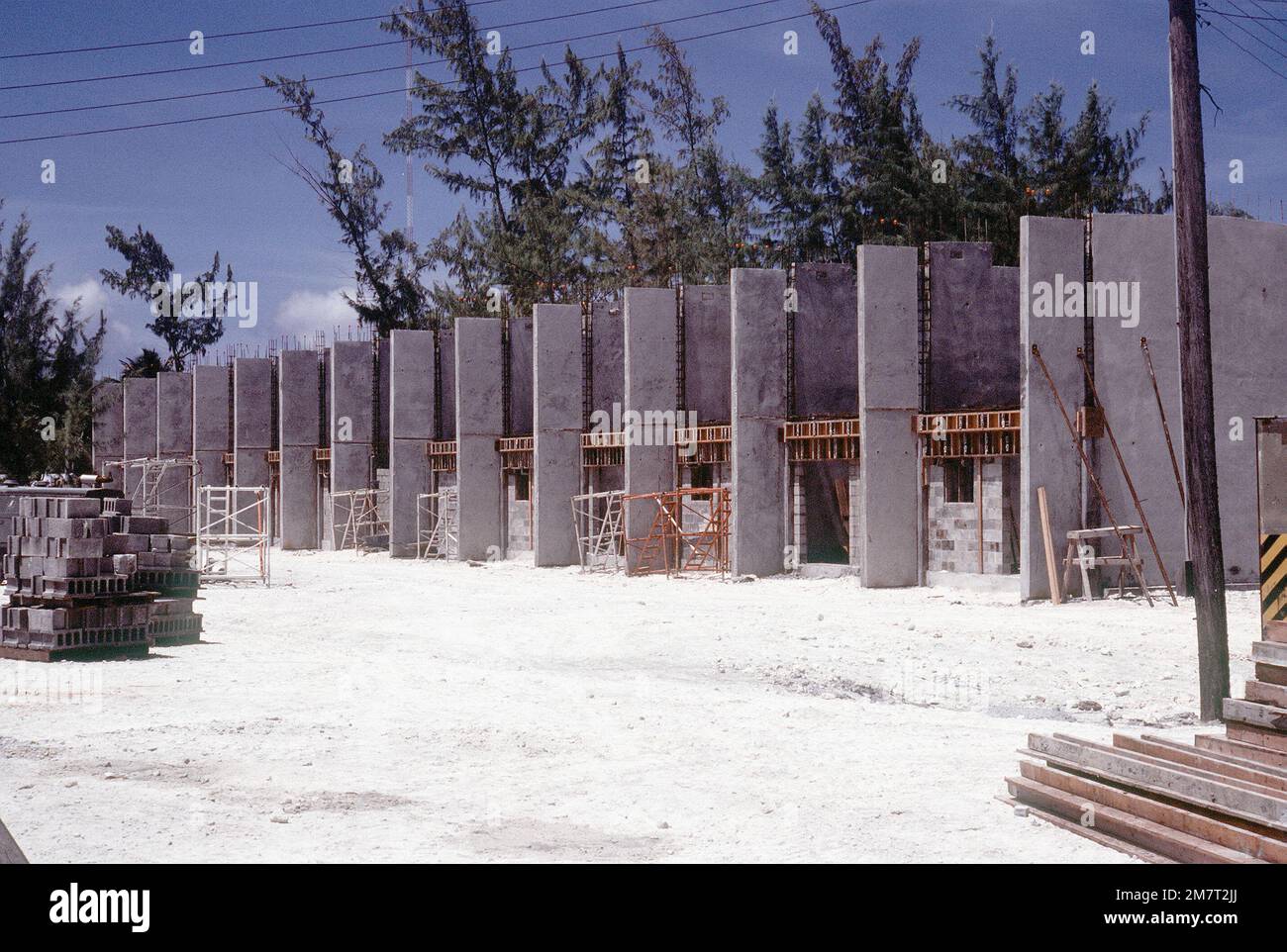 An exterior view of a partially constructed building during a lull in ...