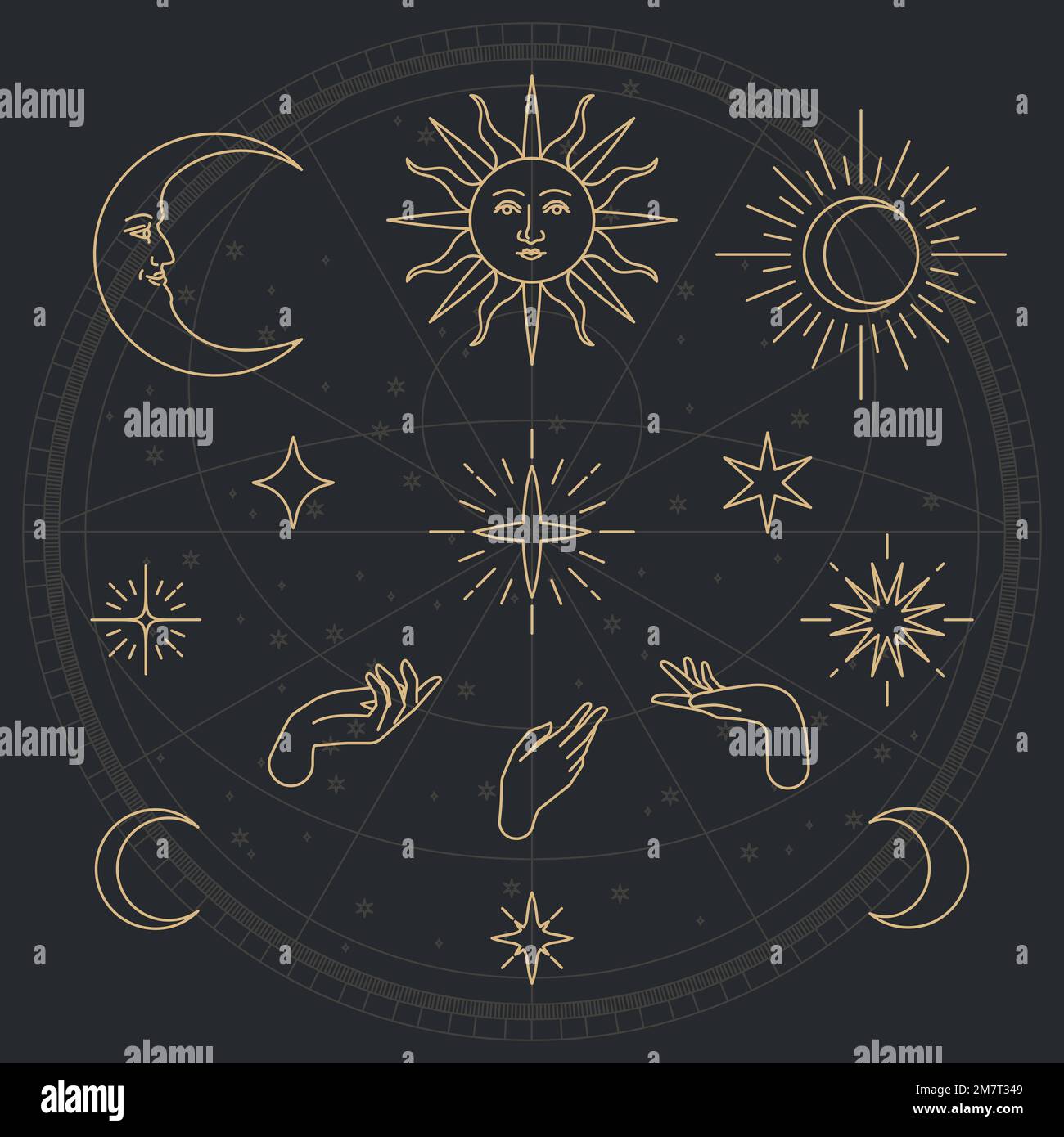 Celestial Object Vector Golden Sketch Collection On Black Background Stock Vector Image And Art