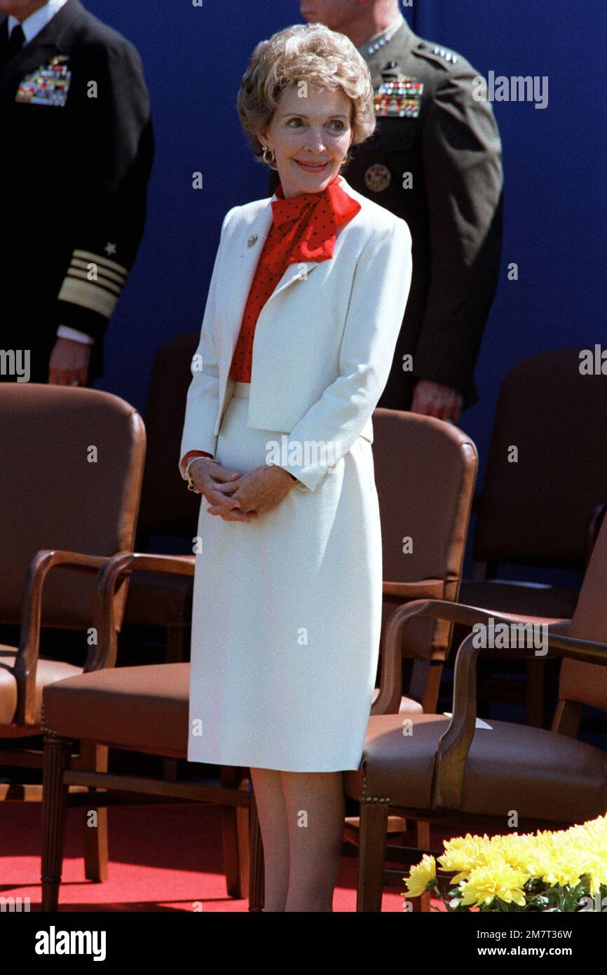 President Ronald Reagan and his wife Nancy attend a ceremony for the ...