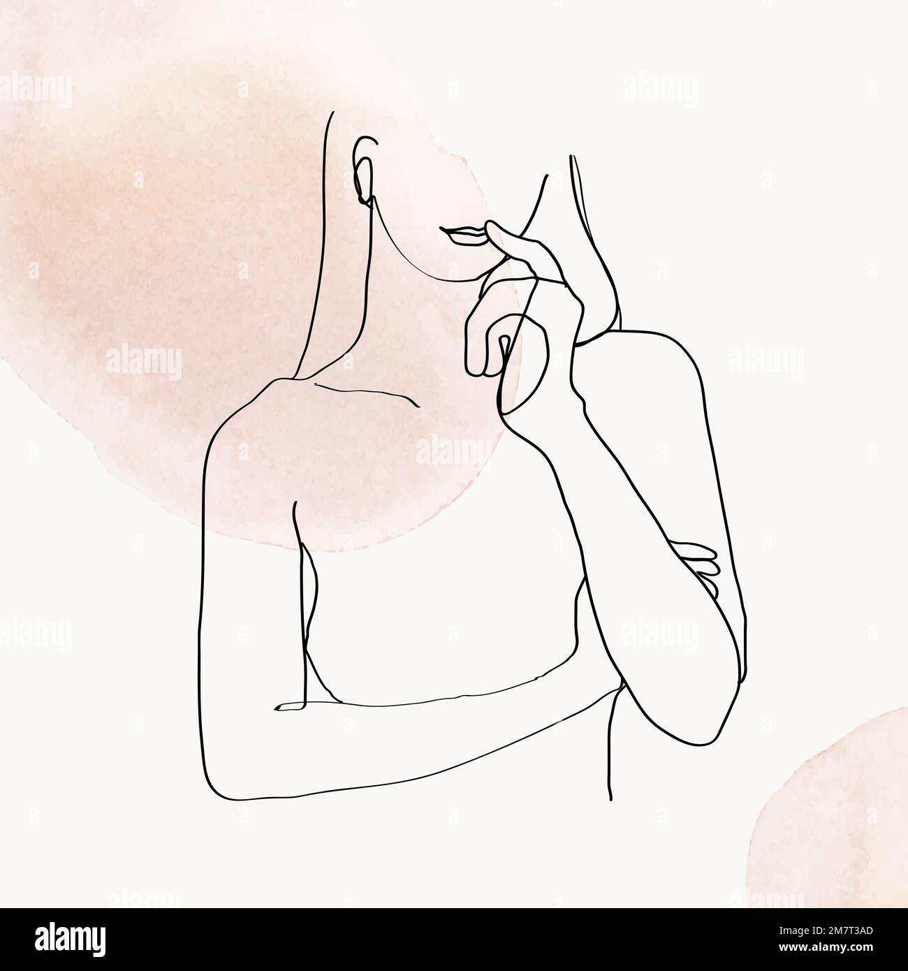 Woman’s upper body vector line art illustration on orange pastel ...