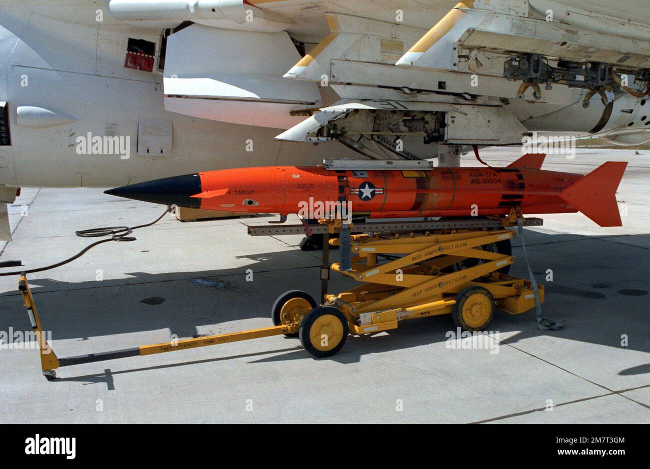 A view of an AQM-37A target before it is uploaded onto the wing of an A ...