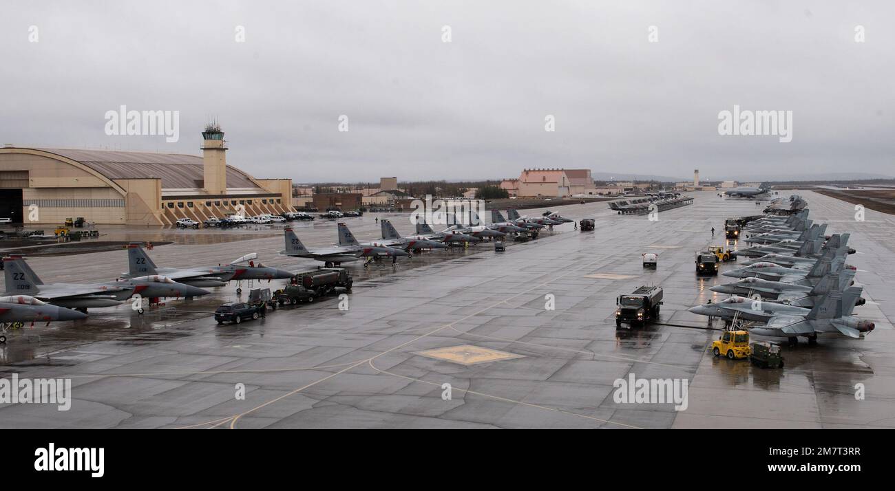 Aircrafts from various units participating in RED FLAG-Alaska 22-1 park ...