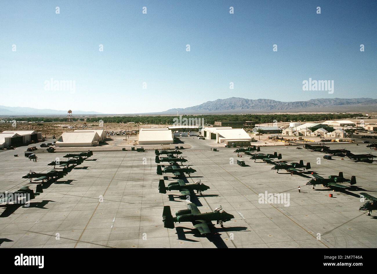 An aerial view of A-10A Thunderbolt II aircraft parked on the flight ...