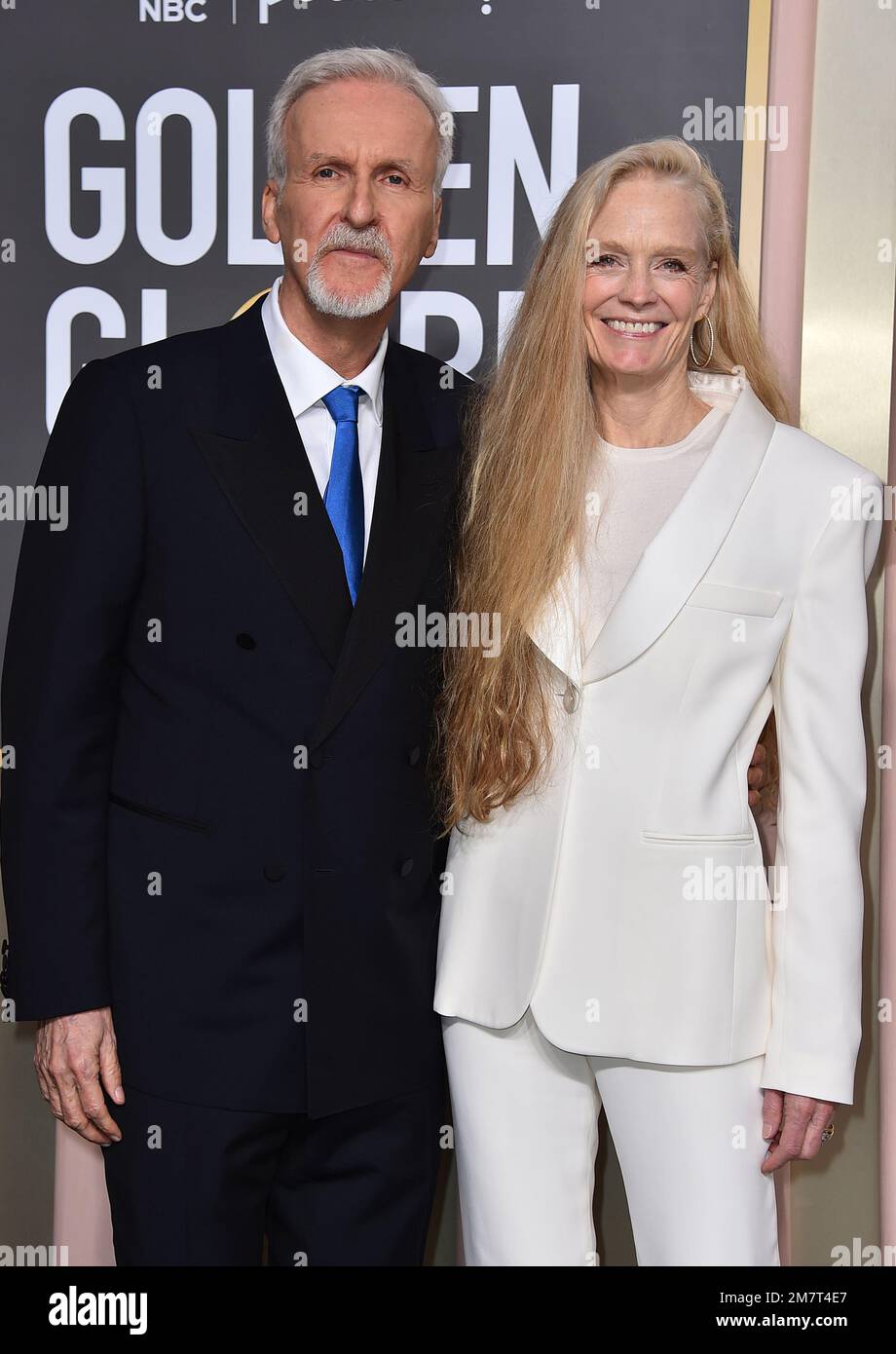 James Cameron, left, and Suzy Amis Cameron arrive at the 80th annual ...