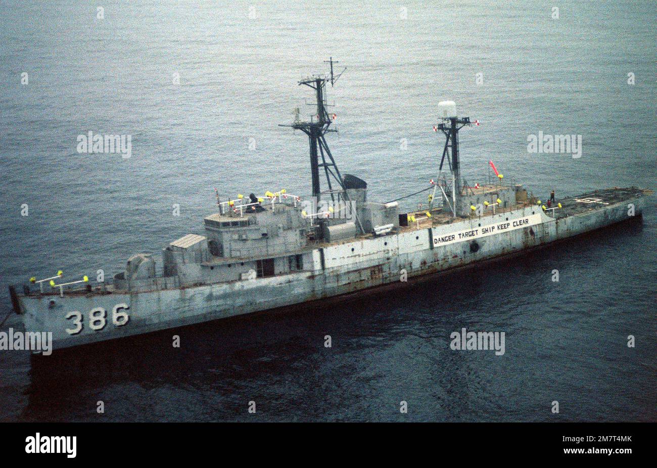 An aerial port bow view of the target destroyer ex-USS SAVAGE with ...