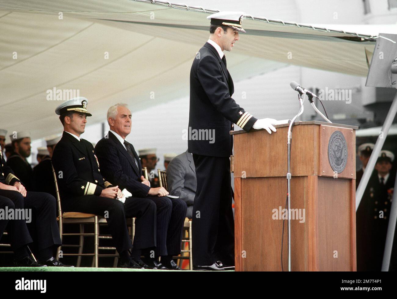 CDR William H. Wright IV, commanding officer, speaks during the commissioning of the guided ...