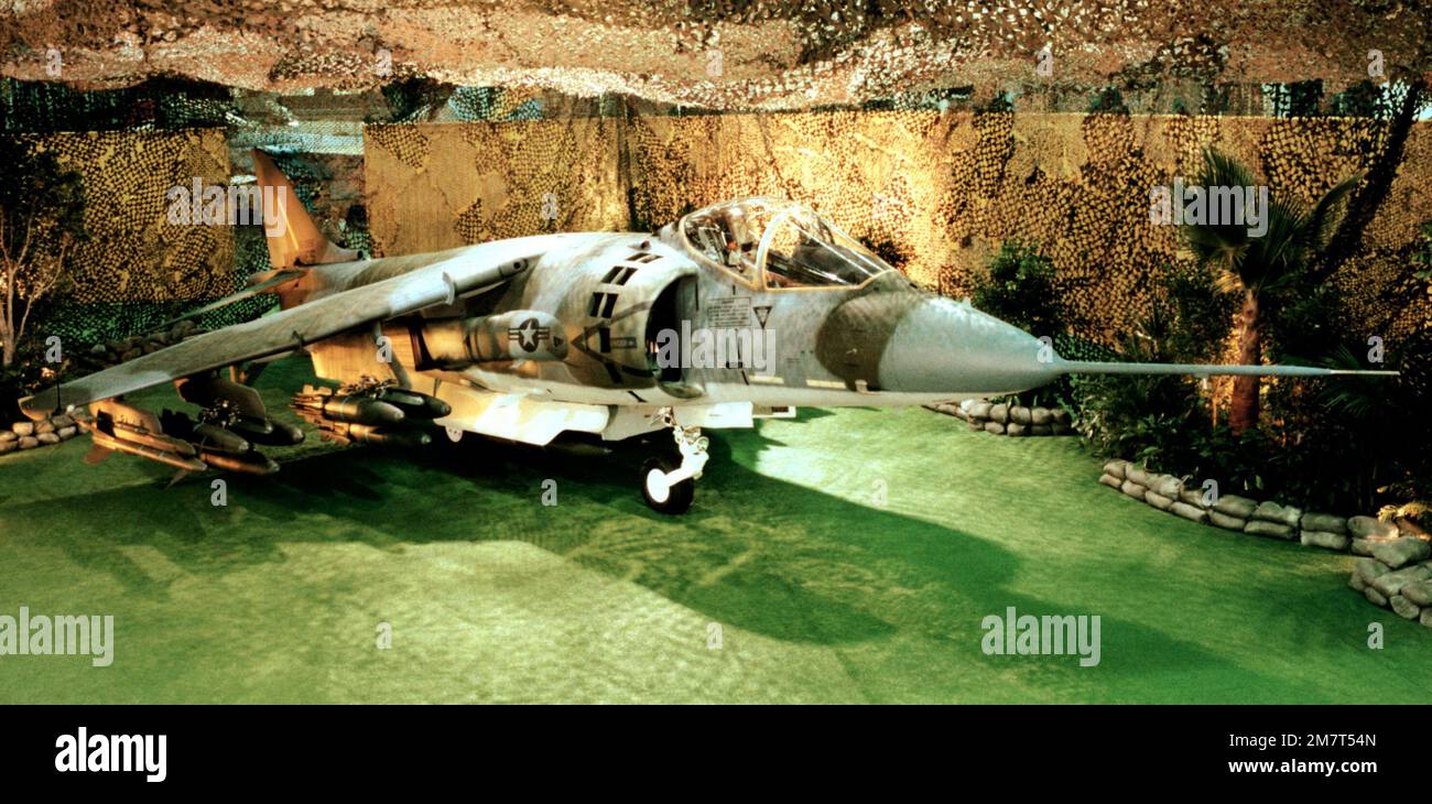 Right front view of a Marine AV-8B Harrier II aircraft on exhibition ...