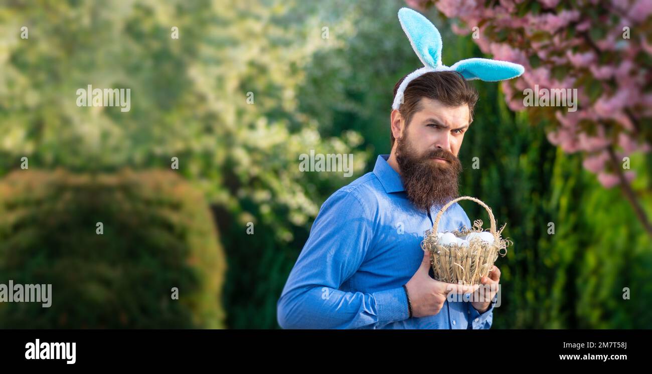 Easter banner, mockup copy space, poster flyer header for website template. Funny man hunting ...