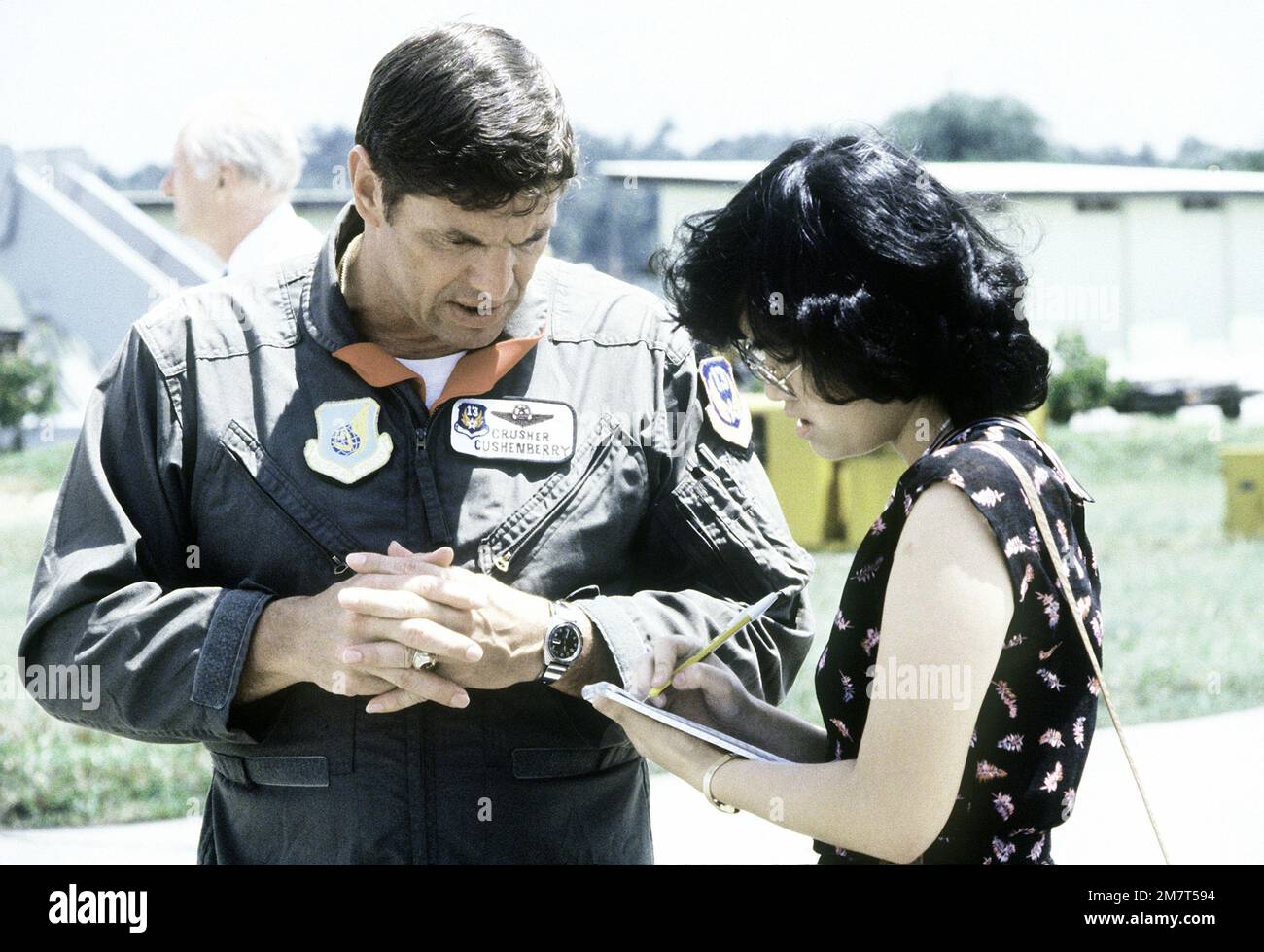 U.S. Air Force COL Anthony Cushenberry talks to a media representative ...