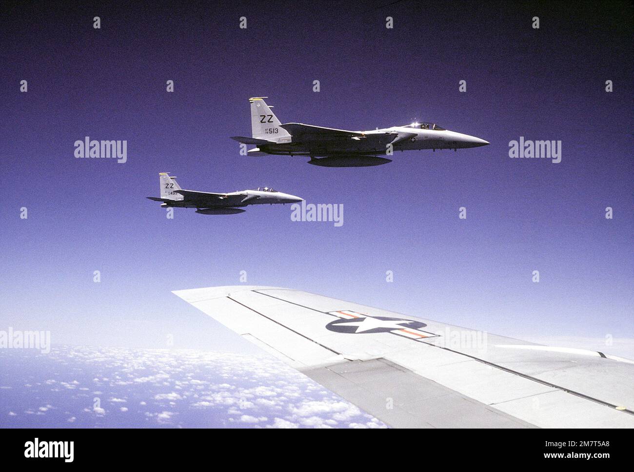 Right side air-to-air view of two F-15 Eagle aircraft from the 12th ...