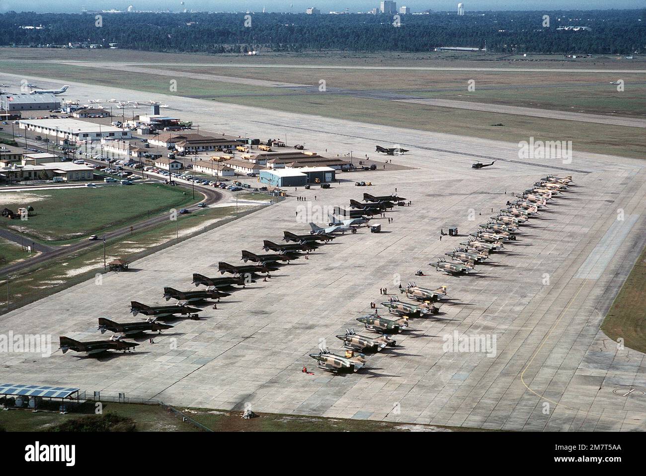 An aerial view of the Air National Guard base with F-4 Phantom II ...